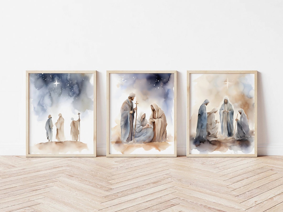Set of 3 Nativity Scene Art, Christmas Jesus Digital Download ...