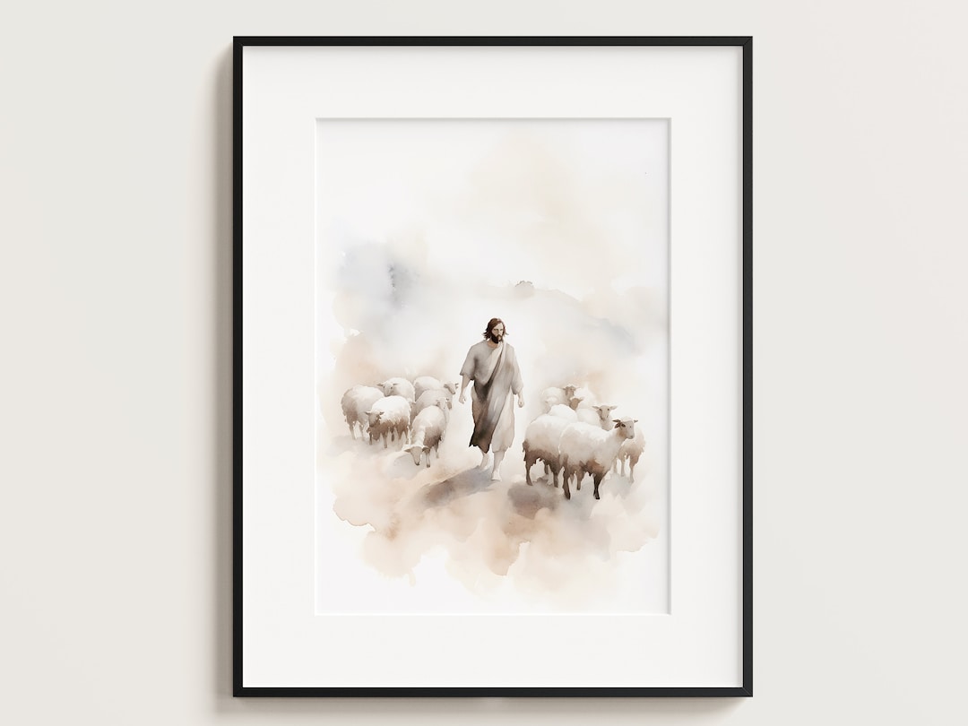 Jesus With Flock of Sheep Print, Jesus Portrait, Jesus Printable, Jesus ...