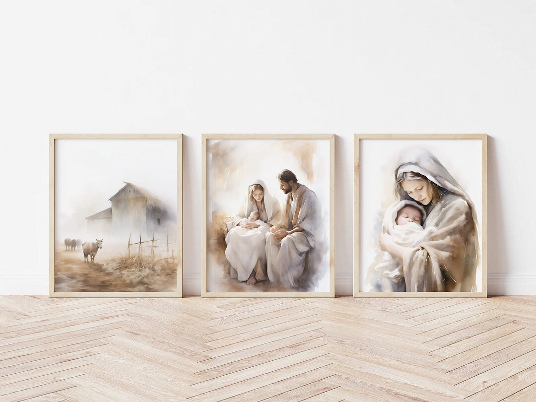 Nativity Scene Art Print Set, Watercolor Christmas Decor (digital ...