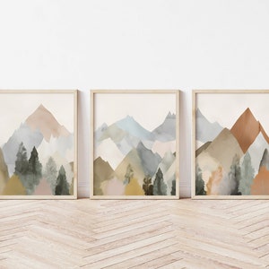 Set of 3 Colourful Boho Mountain Decor Prints, Mountain Landscape ...