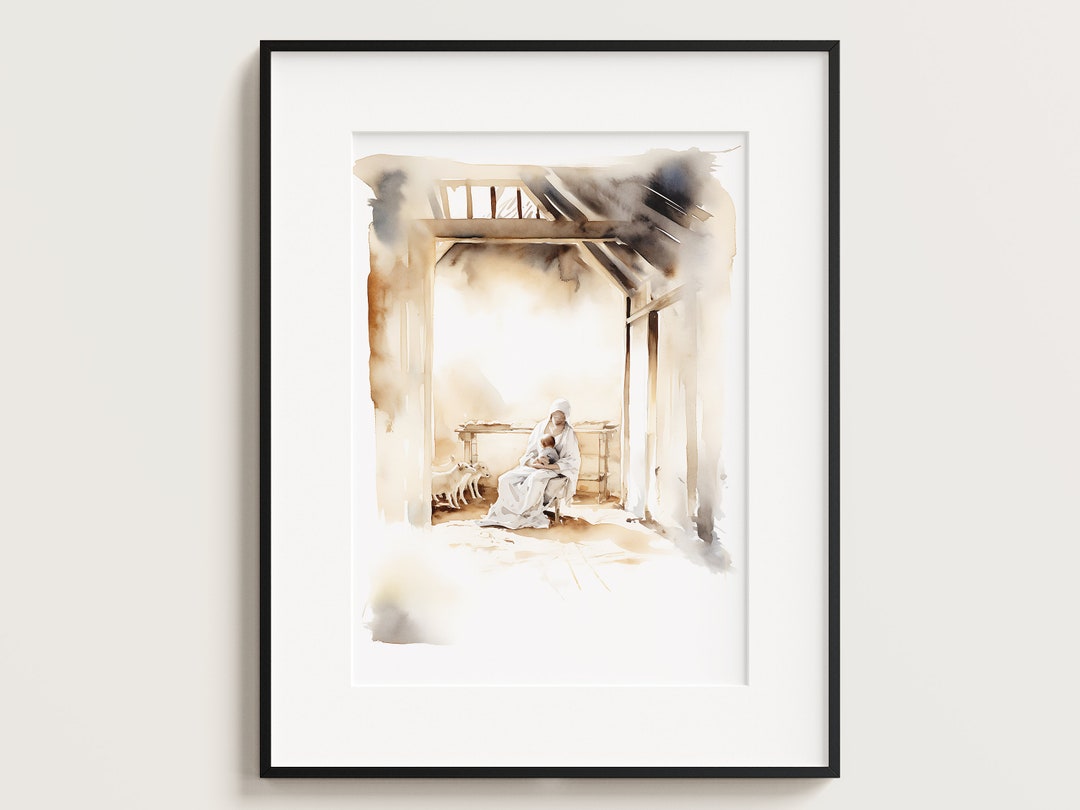 Mary and Baby Jesus in the Barn, Baby Jesus, Nativity Art, Jesus Print ...