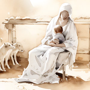 Mary and Baby Jesus in the Barn, Baby Jesus, Nativity Art, Jesus Print ...