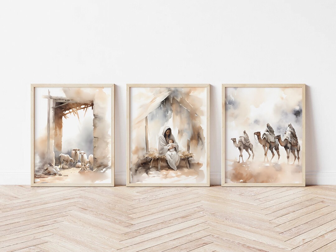 Nativity Scene Art Set of 3, Watercolor Christmas Prints (digital ...