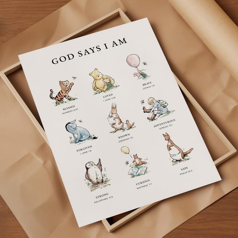 Classic Winnie the Pooh Wall Art, God Says I Am, Biblical Affirmations ...