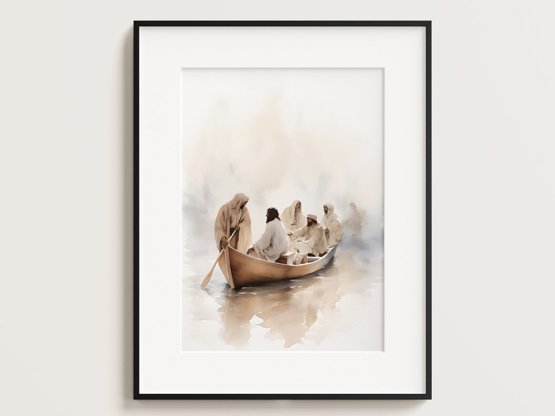 Jesus in Fishing Boat With Disciples, Bible Scene Wall Art, Watercolor ...