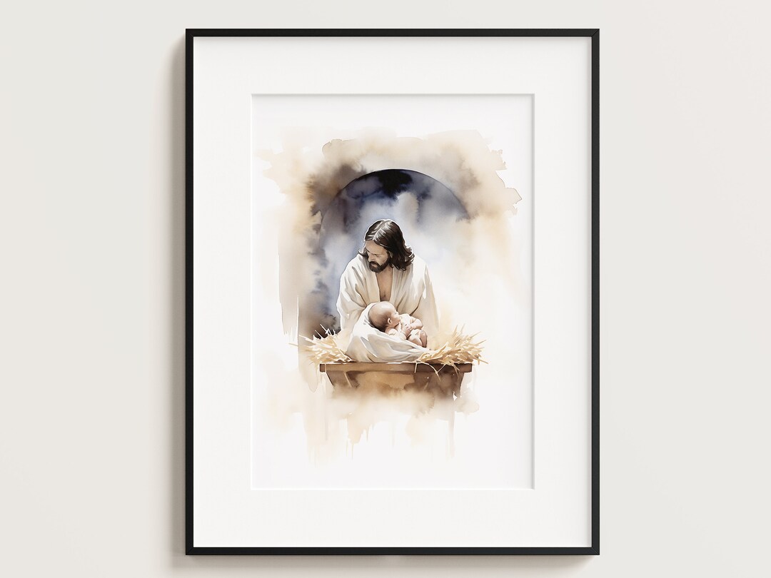 Adult Jesus & Baby Jesus in the Manger, Nativity Art, Jesus Print ...