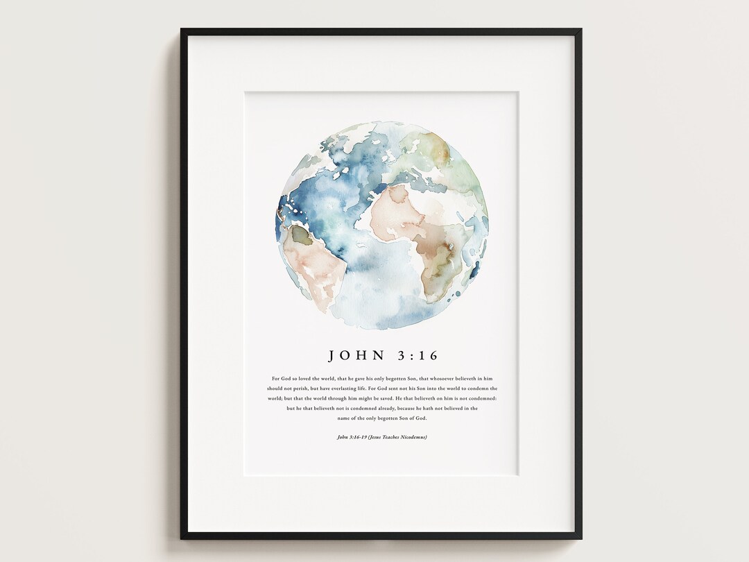 John 3:16 Watercolor World Map, Bible Verse Wall Art (digital Download ...