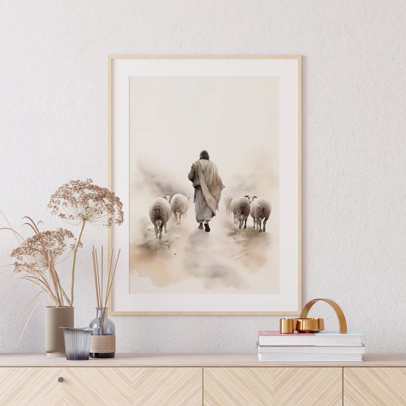 Jesus With Flock of Sheep Print, Jesus Portrait, Jesus Printable, Jesus ...