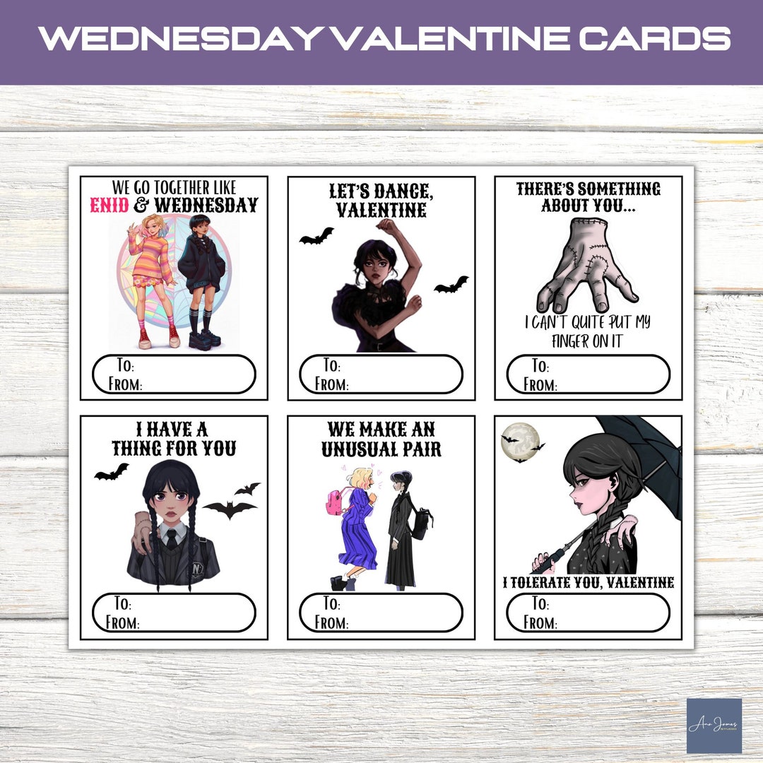Printable Goth Wednesday Valentines, Classroom Valentines Day Cards for ...