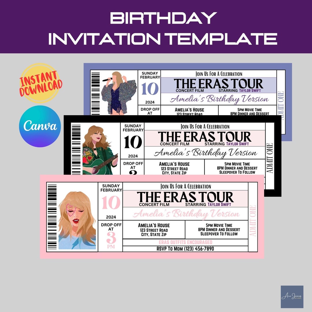 Eras Birthday Invitation, Eras Tour Movie Ticket Invite, Taylor Party ...