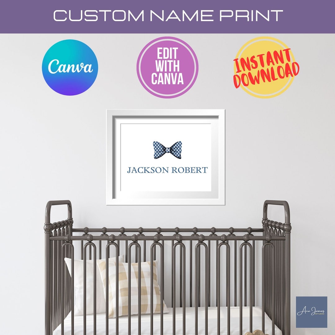Boy Baby Name Print, Name Boy Nursery Wall Art, Blue Bow Nursery Art ...