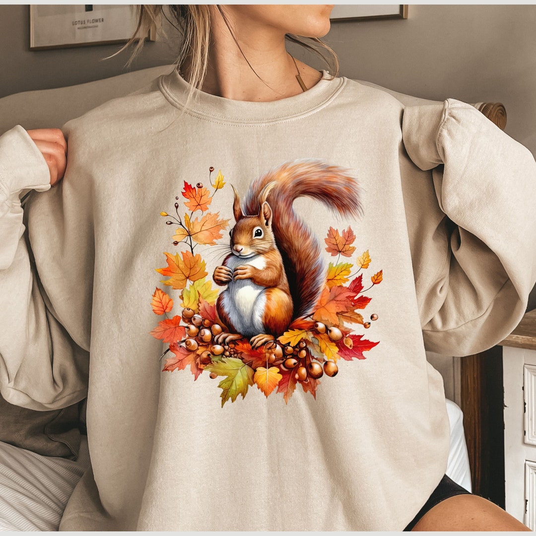 Fall Squirrel Sweatshirt, Squirrel Sweater, Autumn Squirrel Nut Leaves ...