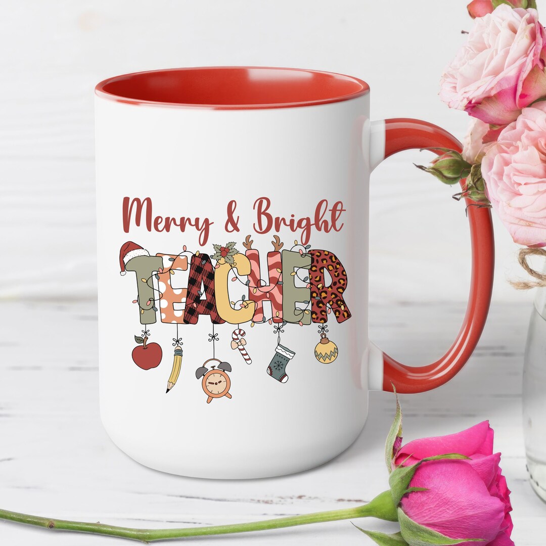 Christmas Teacher Mug, Teacher Mug, Merry & Bright Teacher Mug ...