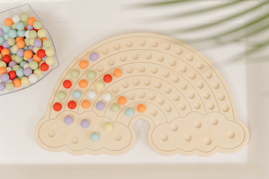 Rainbow Activity Board With Wooden Ball Pegs Learning Colors Montessori ...