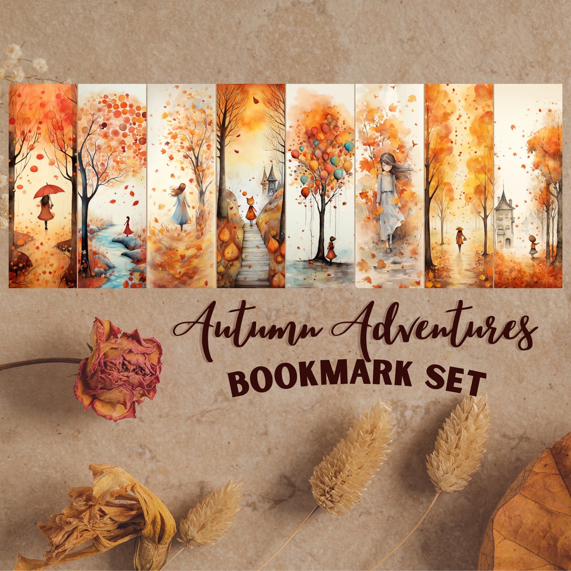 Autumn Adventures Fall Scenes Set of 8 Printable Watercolor Bookmarks ...
