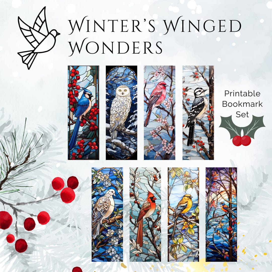 Bird Bookmark Printable Set of 8 | Stained Glass Winter Birds Digital ...