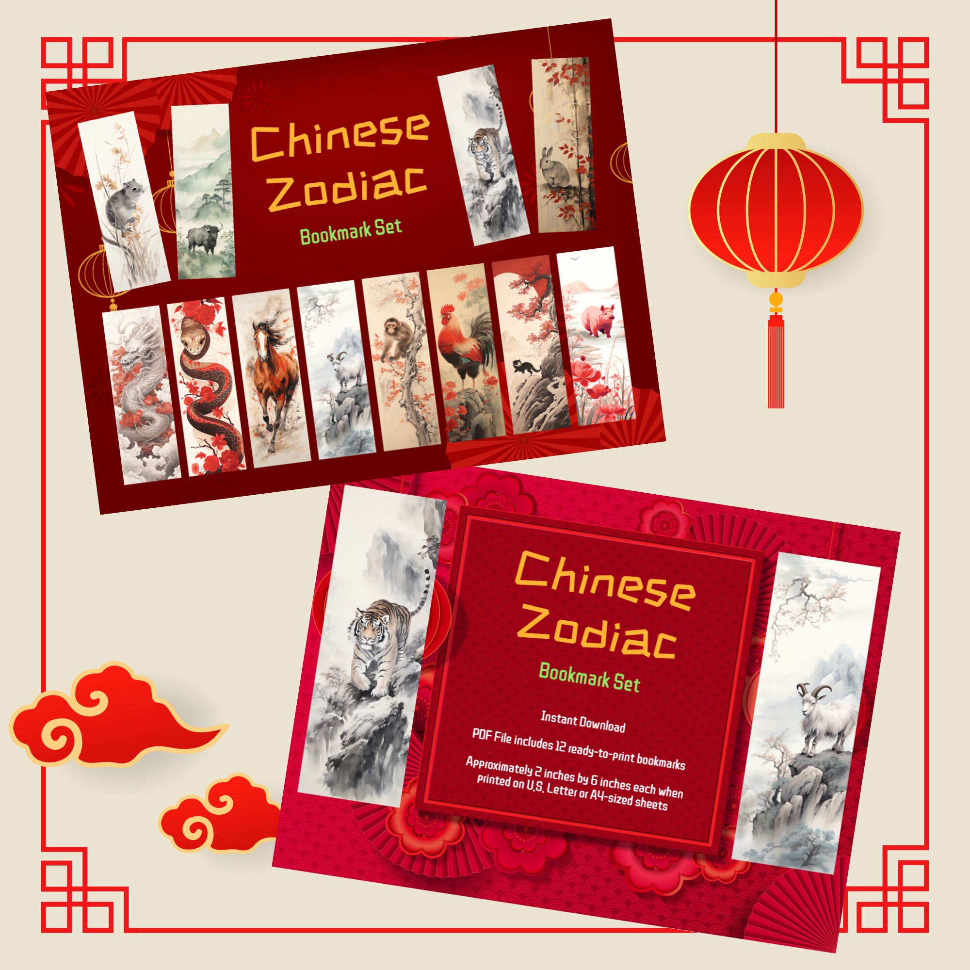 Set of 12 Printable Chinese Zodiac Bookmarks Unique Gift for Book ...