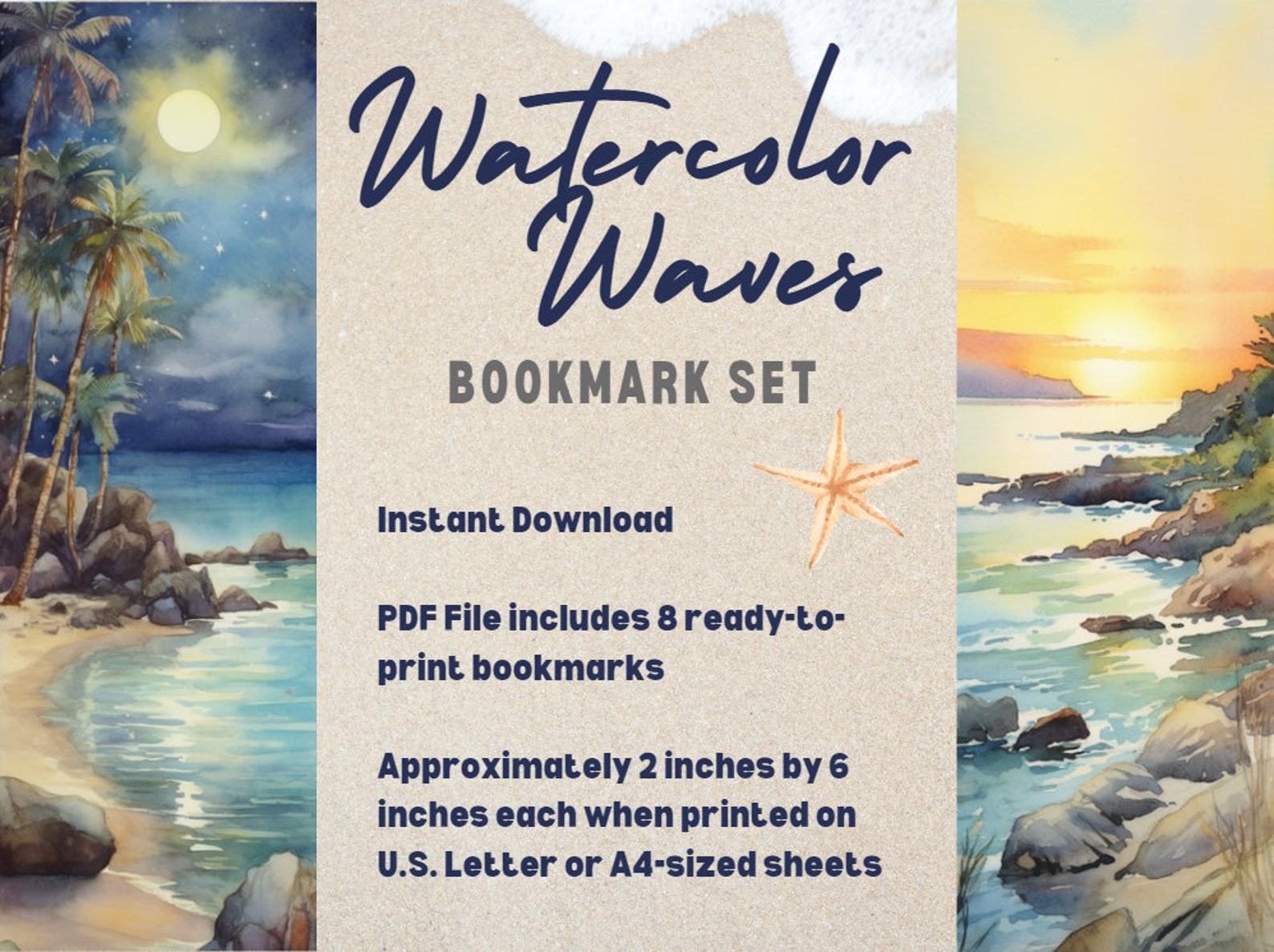 Watercolor Waves Printable Watercolor Bookmarks Set of 8 Calming Beach ...