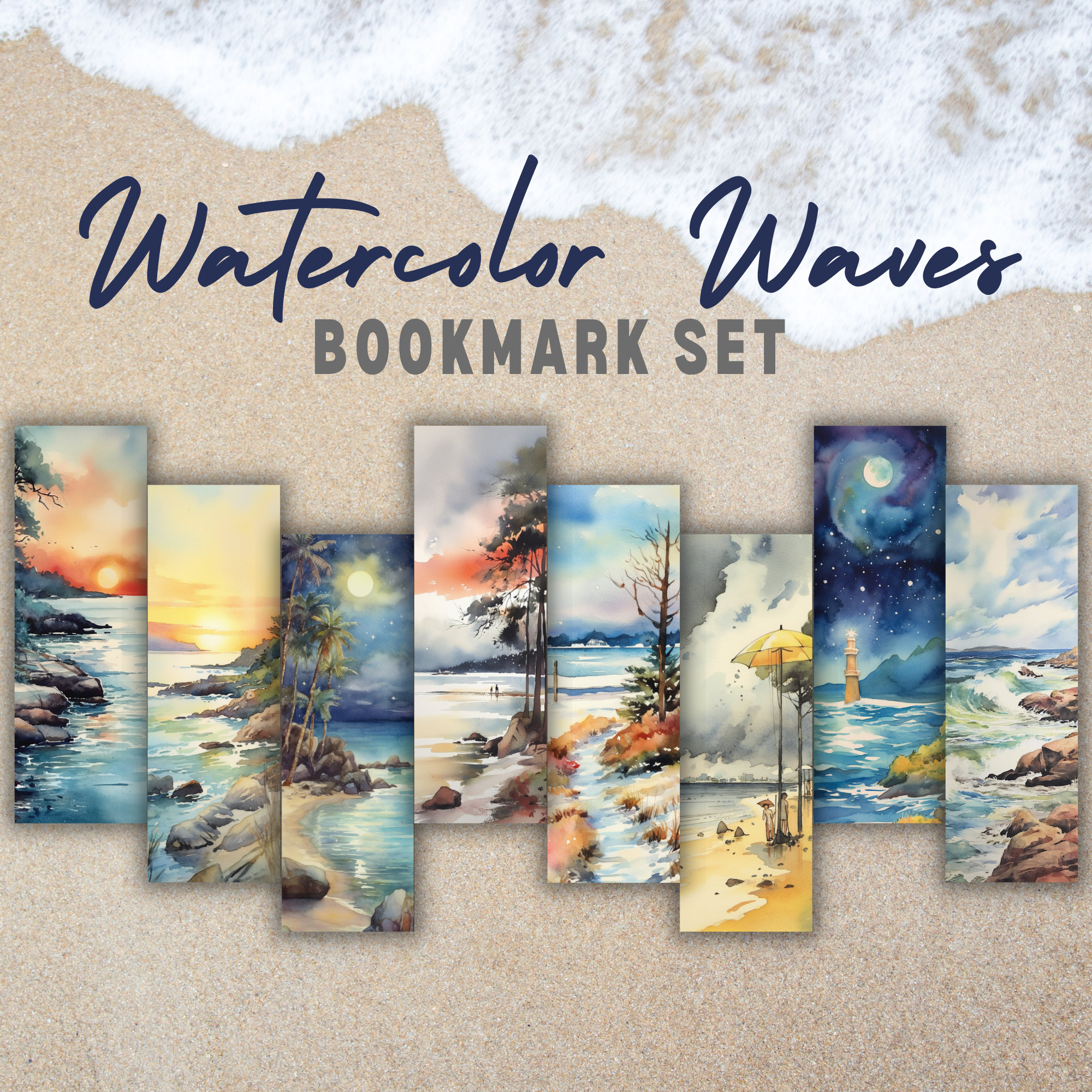 Watercolor Waves Printable Watercolor Bookmarks Set of 8 Calming Beach ...