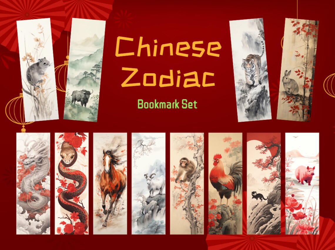 Set of 12 Printable Chinese Zodiac Bookmarks Unique Gift for Book ...