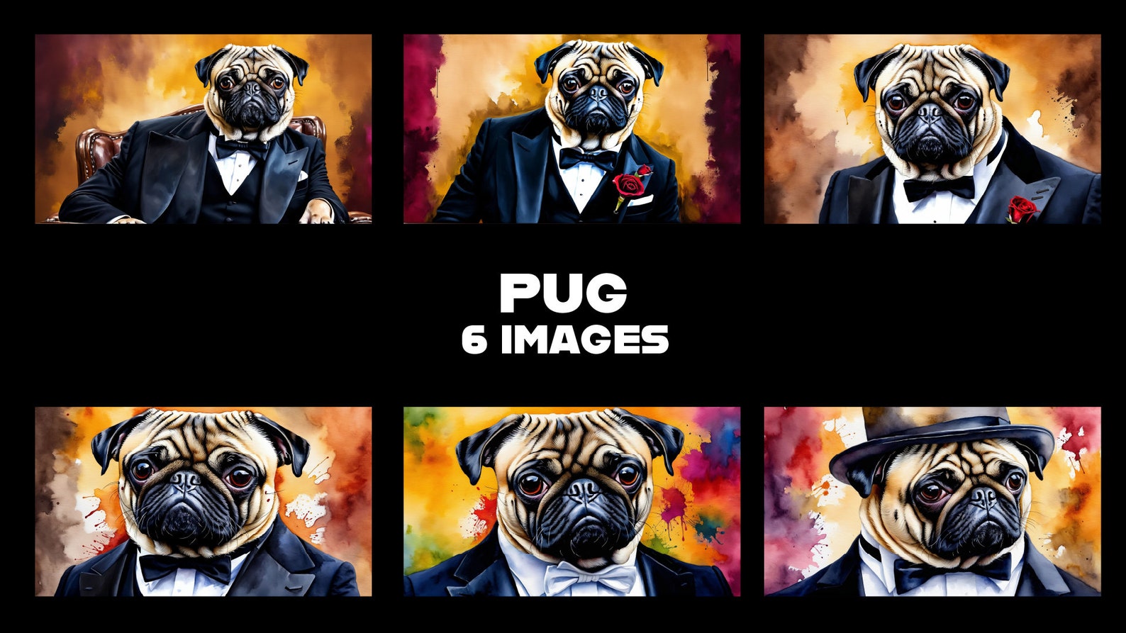 Pug, Digital Watercolor Style, Dogs in Suits, Dog Wearing Tuxedo, Pets ...