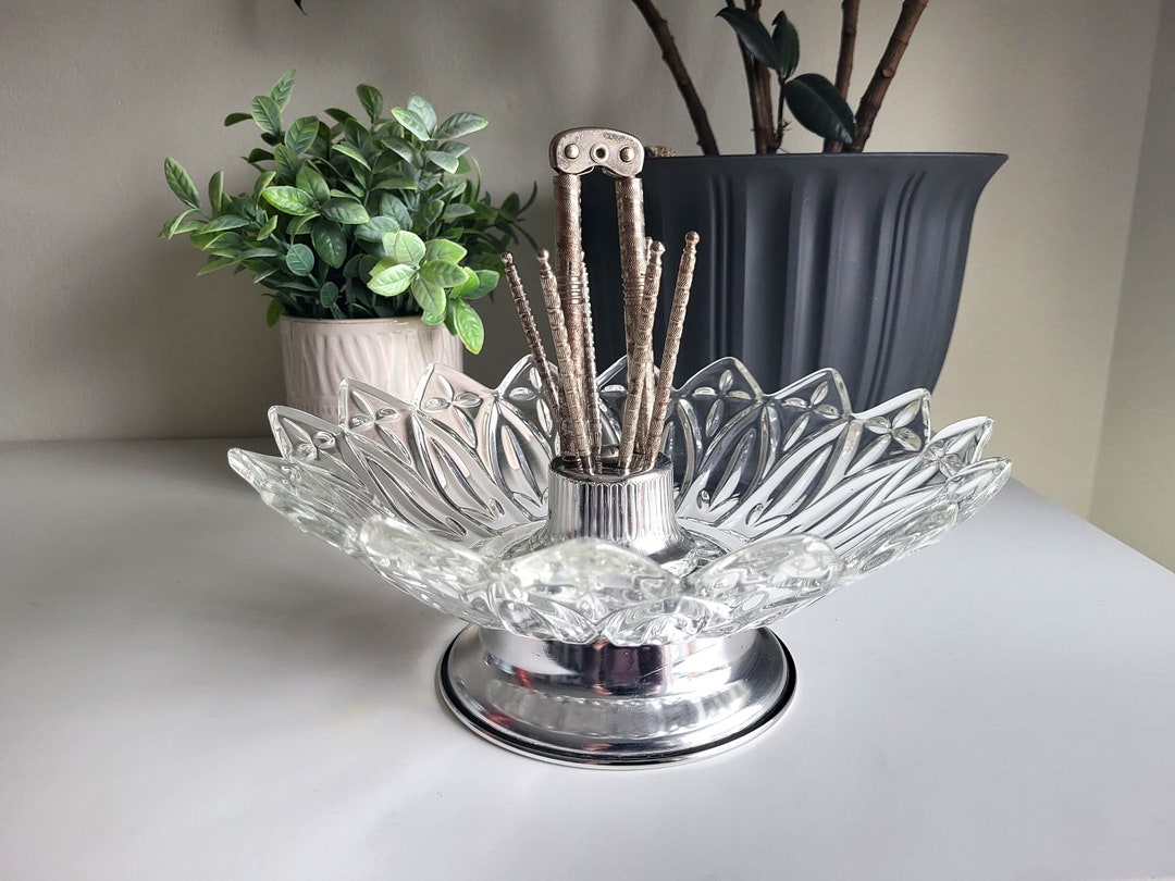 Vintage Federal Glass Nut Bowl With Nut Cracker and Nut Picks, Pressed ...