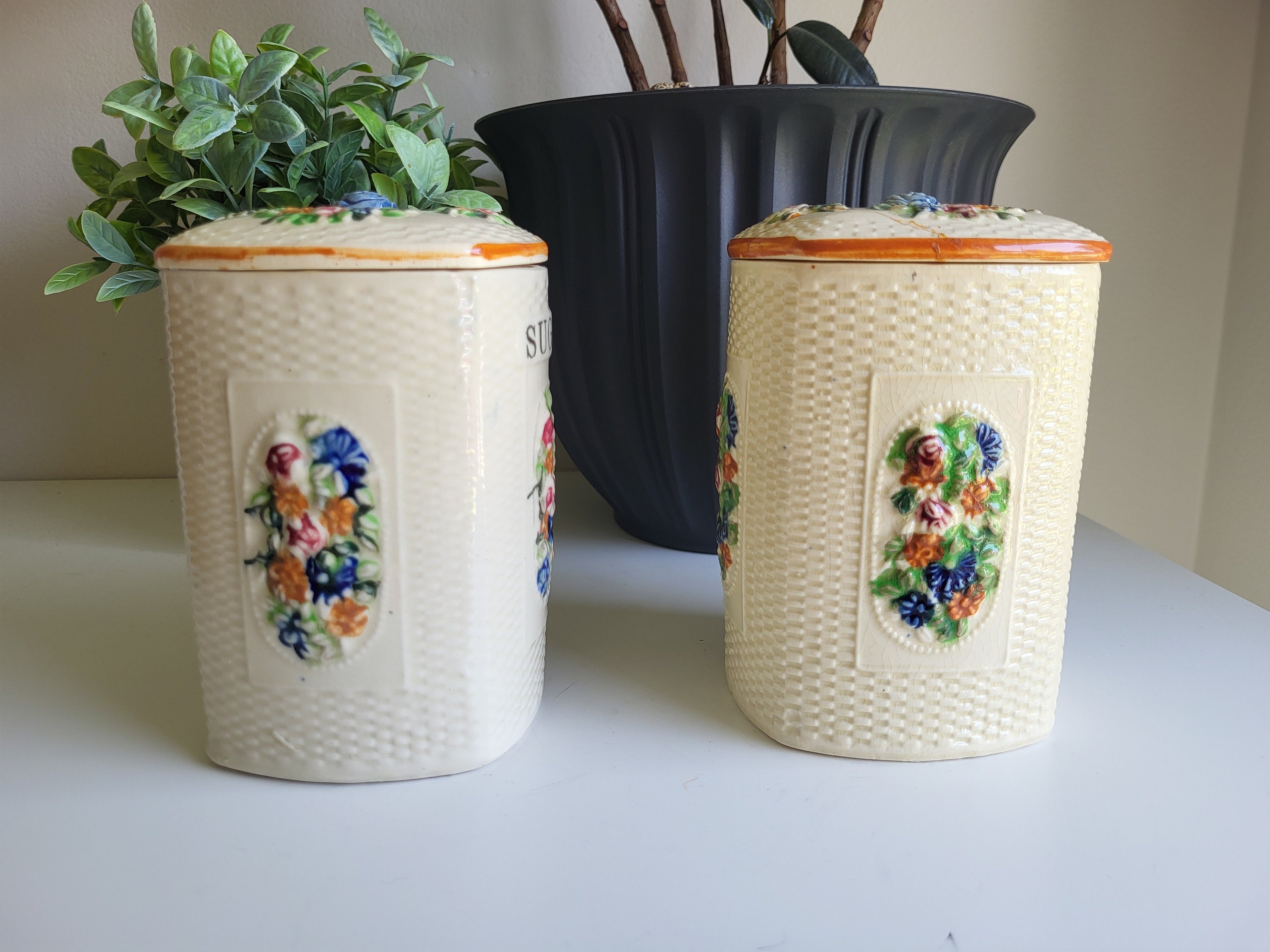 Vintage Ceramic Sugar and Tea Canisters, Made in Japan, Hand Painted ...