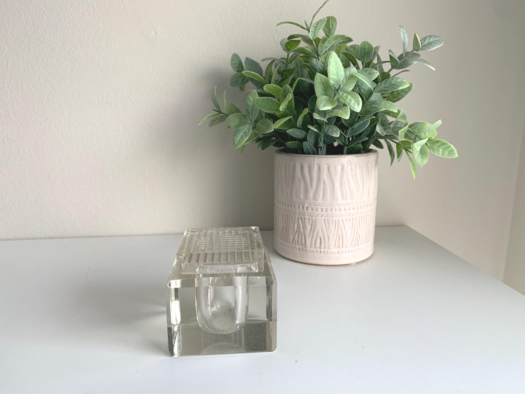 Vintage Art Decor Pressed Glass Inkwell With Lid, Square Glass Inkwell ...