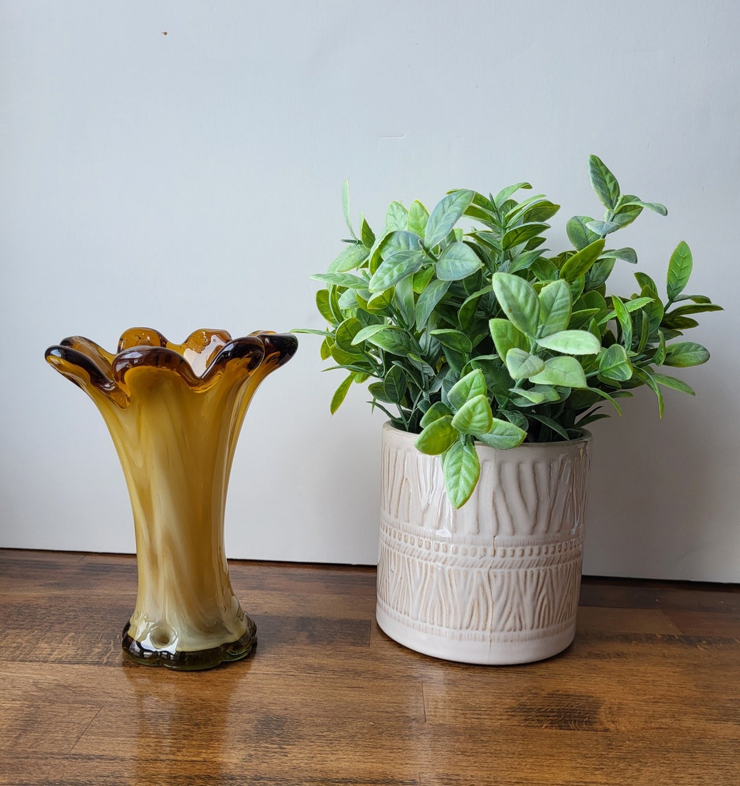 Milk Amber Glass Vase, Scalloped Edge Vase, Amber Decor, Small Glass ...
