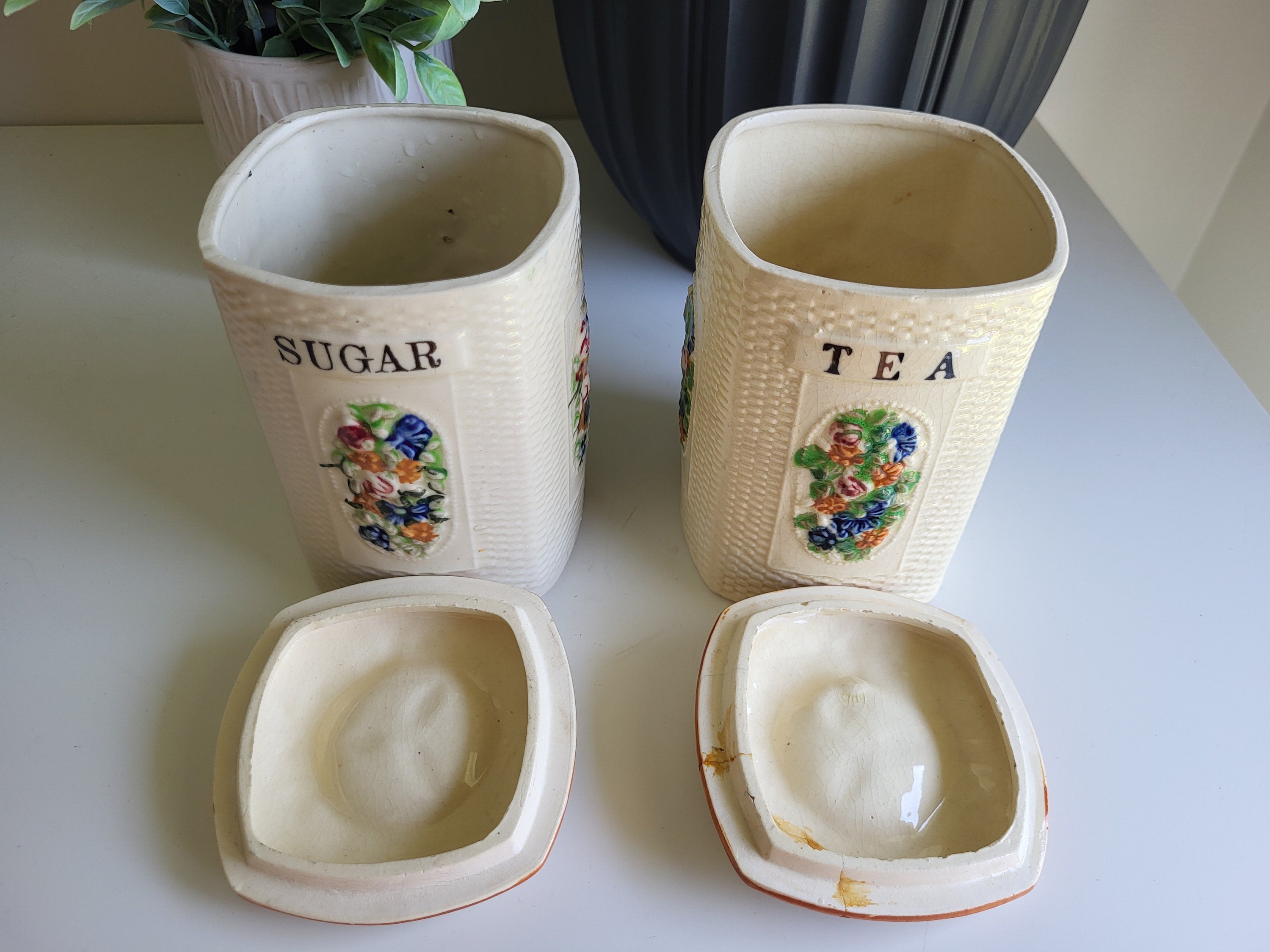 Vintage Ceramic Sugar and Tea Canisters, Made in Japan, Hand Painted ...