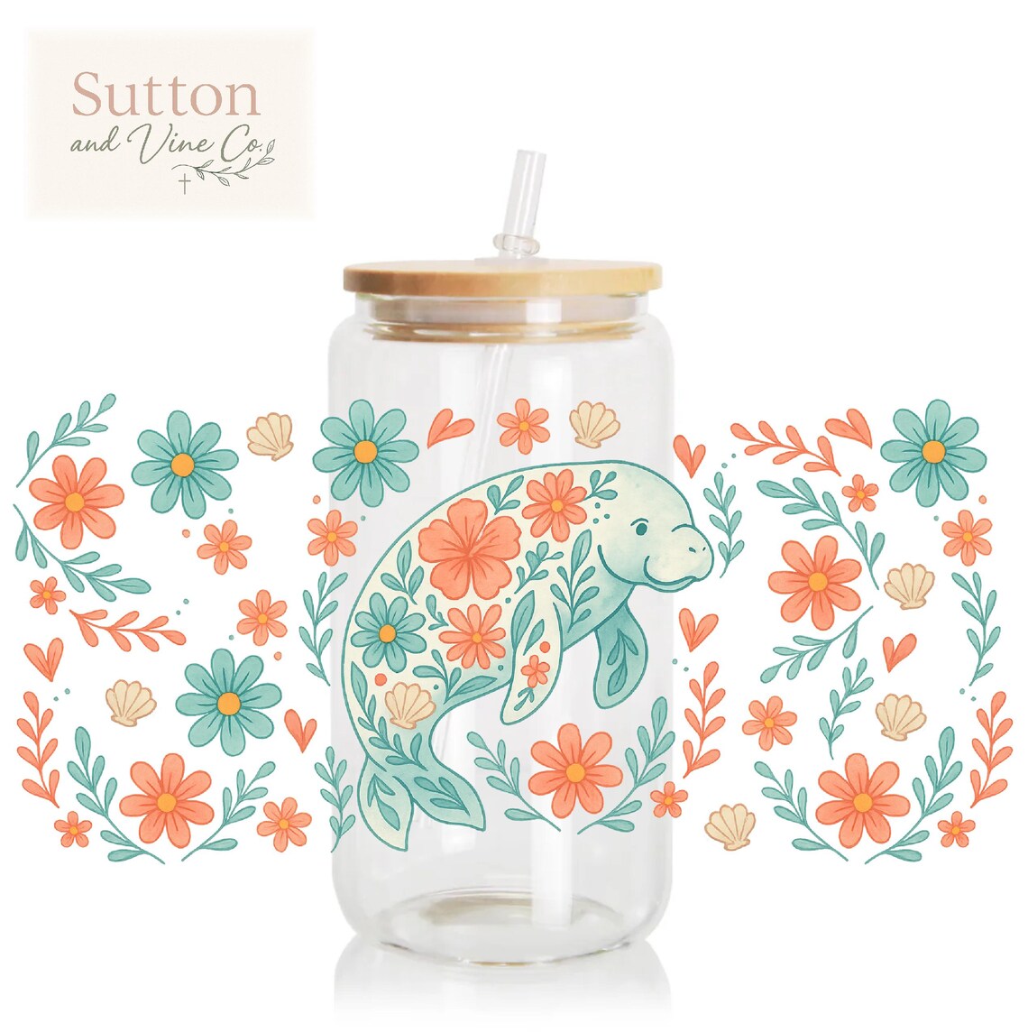 Floral Manatee 16oz Wrap PNG - Etsy