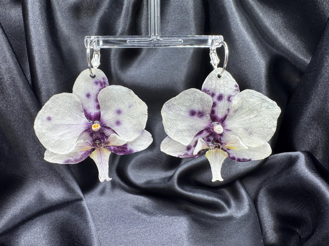 Orchid Earrings: Real Flowers, Tie-dye Ivory Purple, Silver Huggie ...