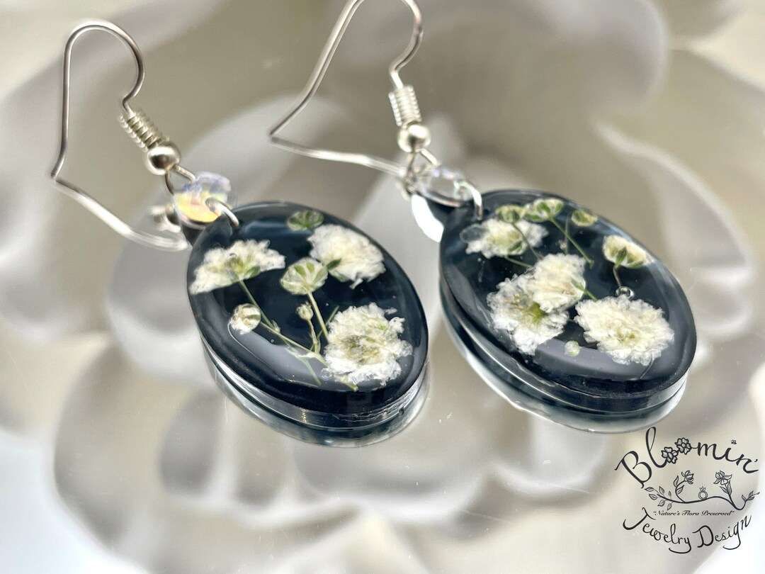 Transparent Black & Real White Flower Oval Earrings W/ AB - Etsy