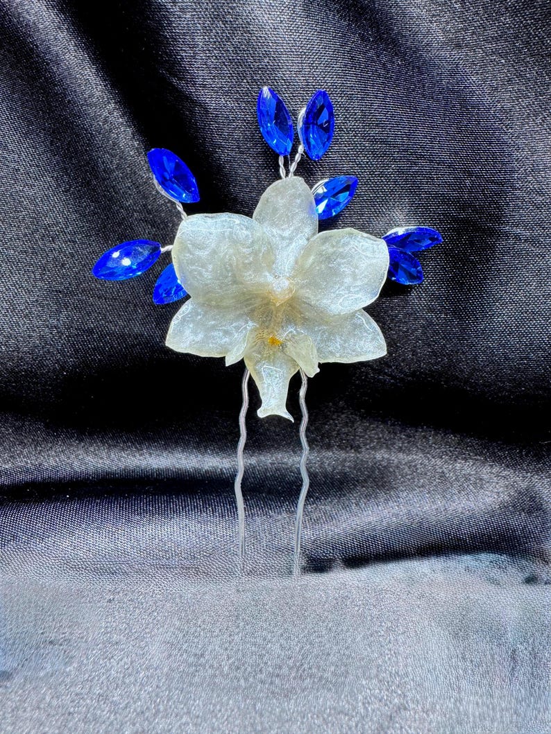 Real Orchid Hair Pin: Royal Blue Crystals, 2 Prong Flower Hairstyle ...