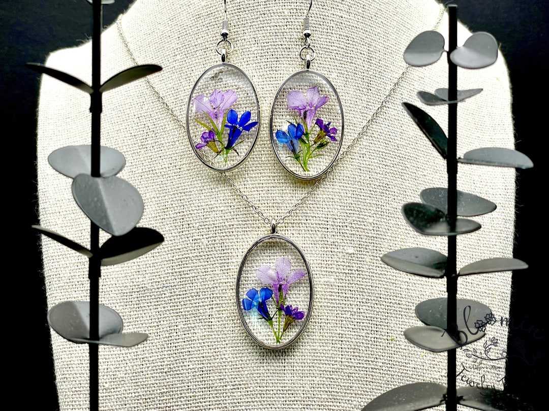 Real Cobalt Blue & Lavender Flowers, Earring + Necklace Set, Silver ...