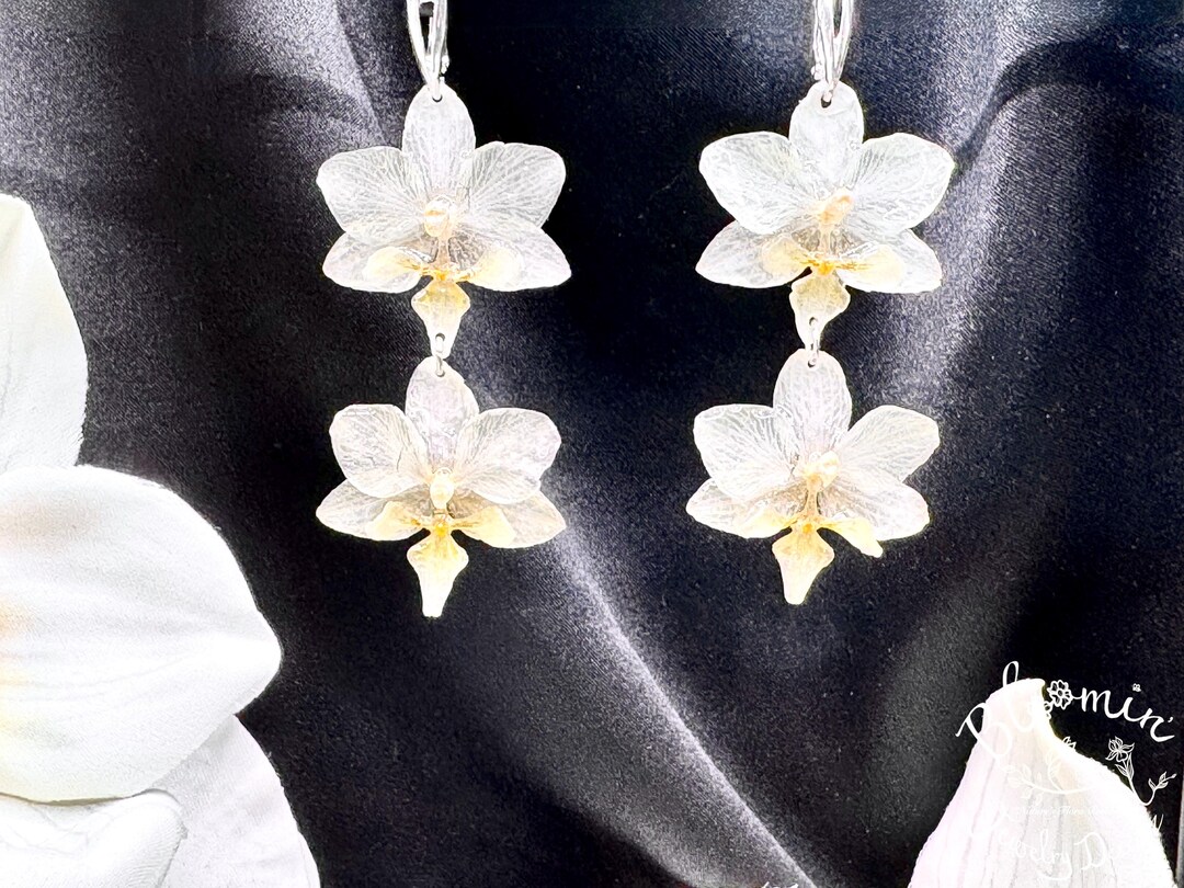 Elegant Double White ORCHID Drop Earrings, Platinum Plated Comfort ...