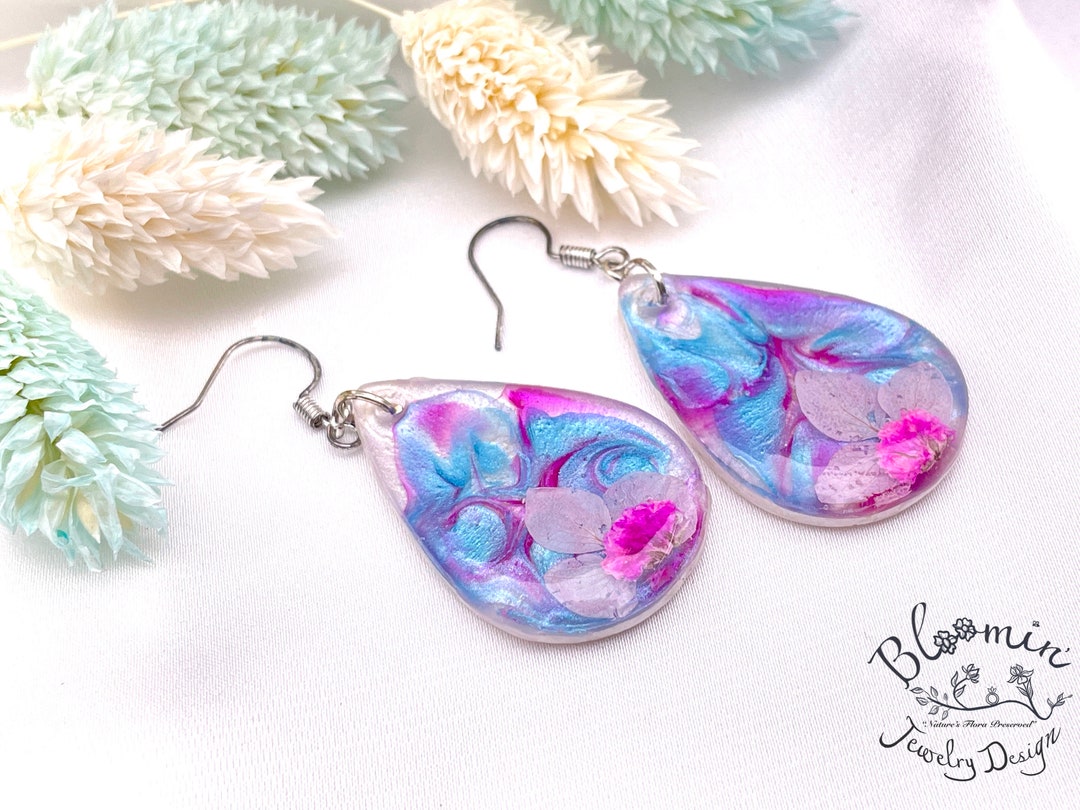 Marbled Teardrop Real Flower Earrings, Teal Blue & Fuchsia Pink ...