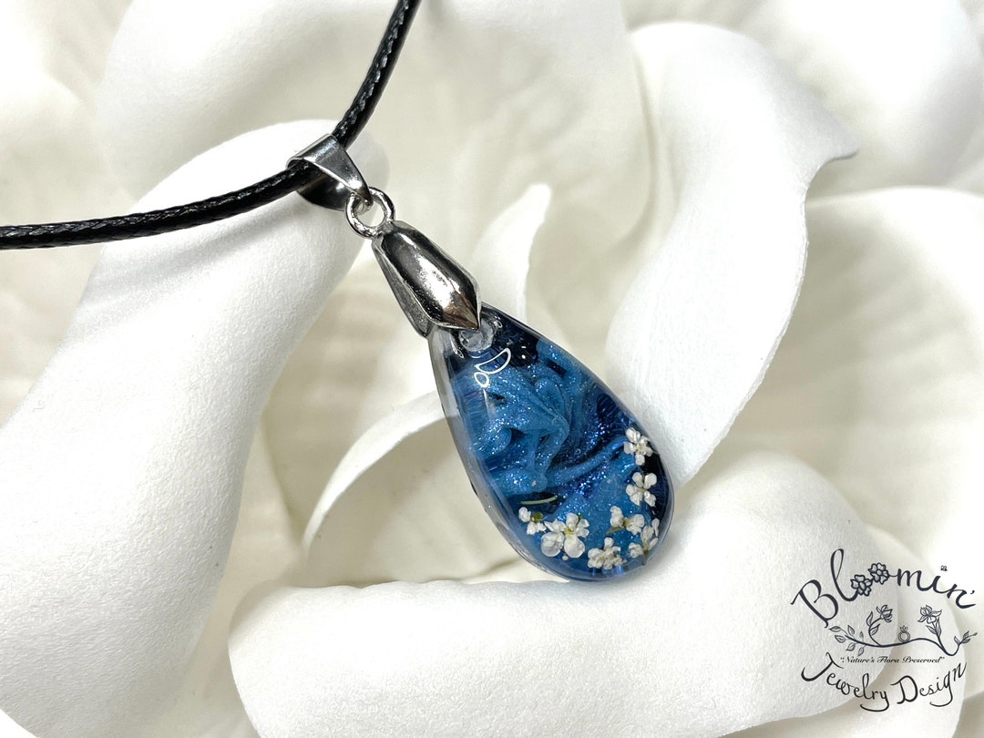 Real Flowers in Blue Cloud Wave Teardrop Pendant Necklace - Etsy