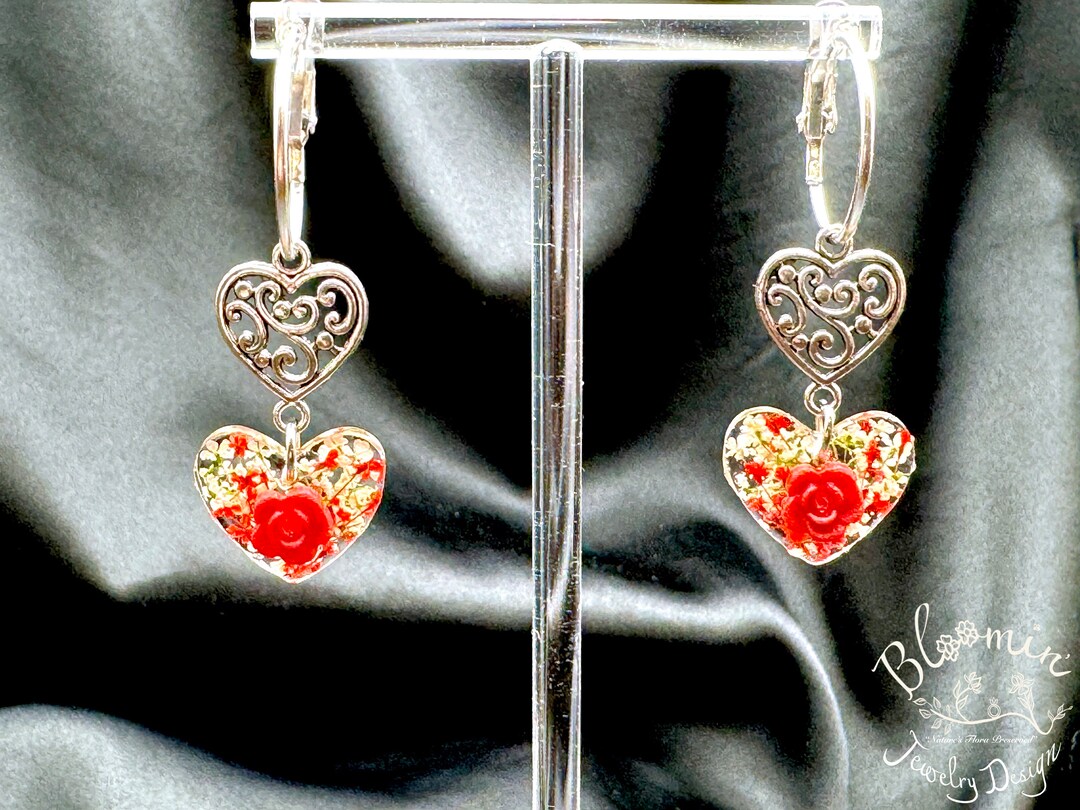 Real Flower Heart Hoop Earrings: Silver Filigree, Queen Anne's Lace - Etsy