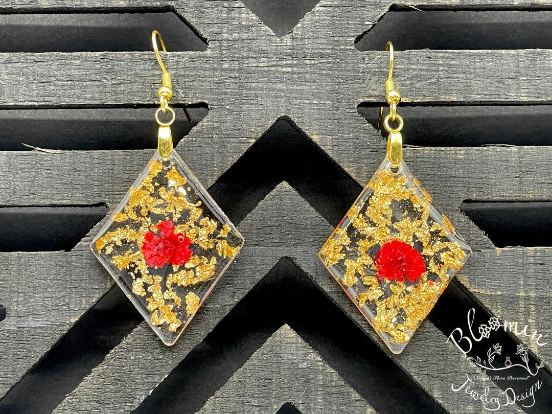 Gold Flake Diamond Shaped Transparent Earrings With Real Red Flower - Etsy