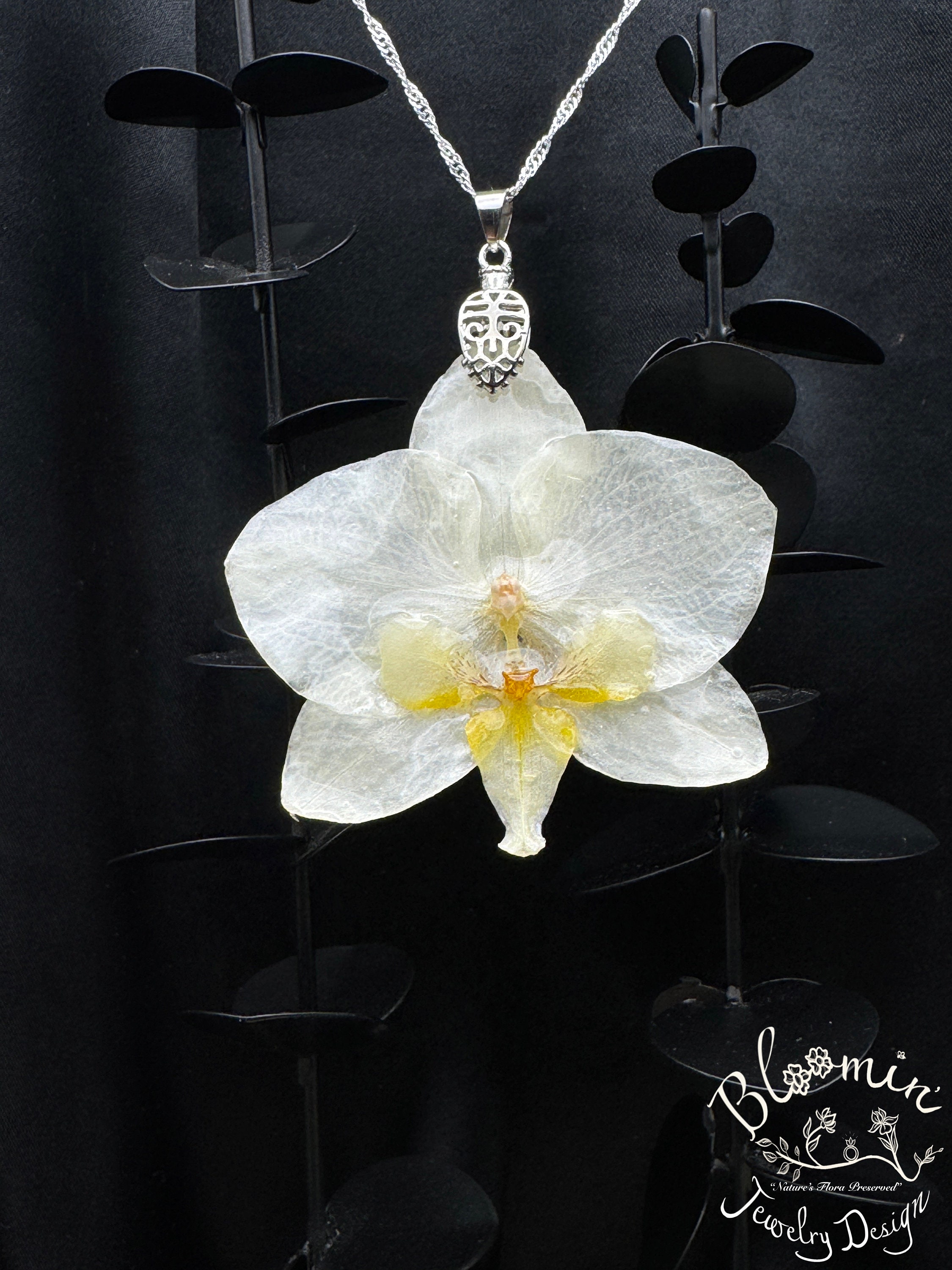 REAL ORCHID Flower Necklace, Large White Preserved Orchid, 925 Silver ...