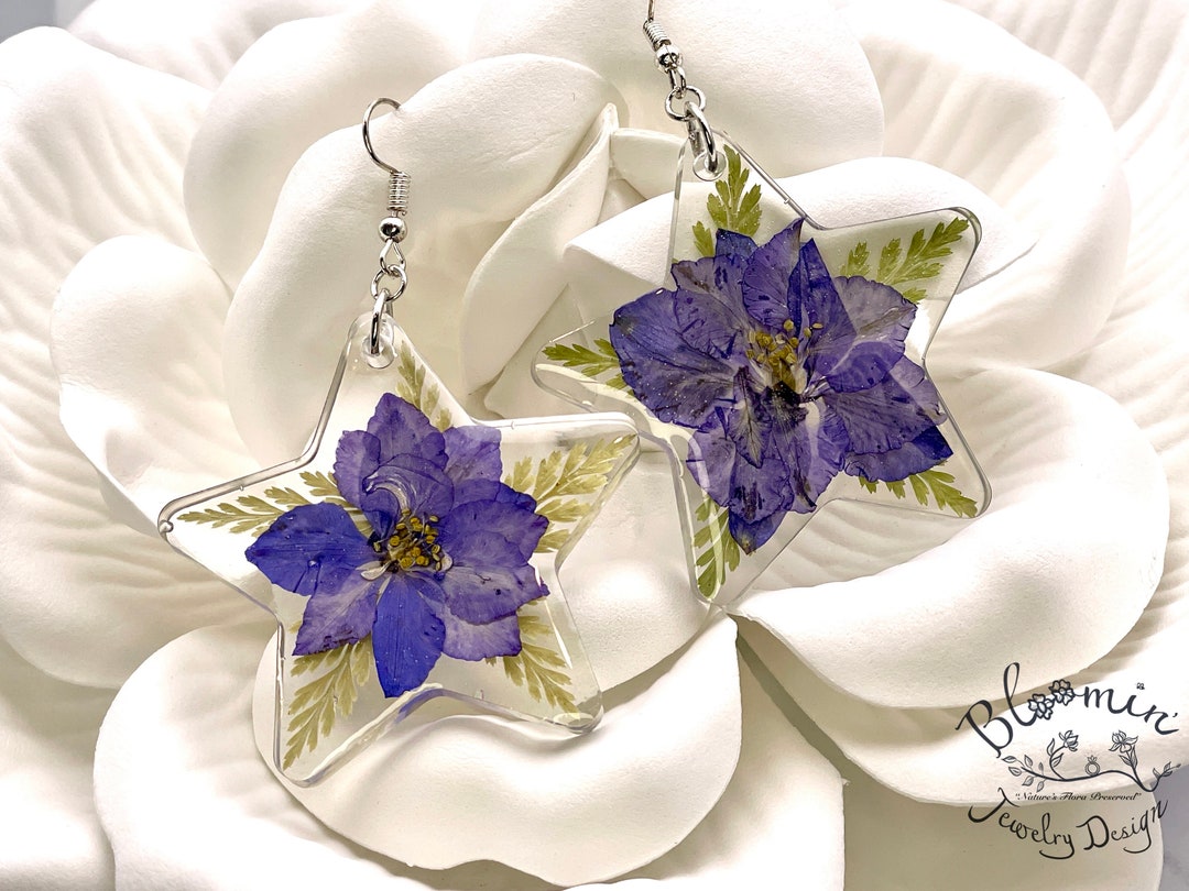 Real Purple Clematis Flowers & Greenery on Transparent Star Earrings - Etsy