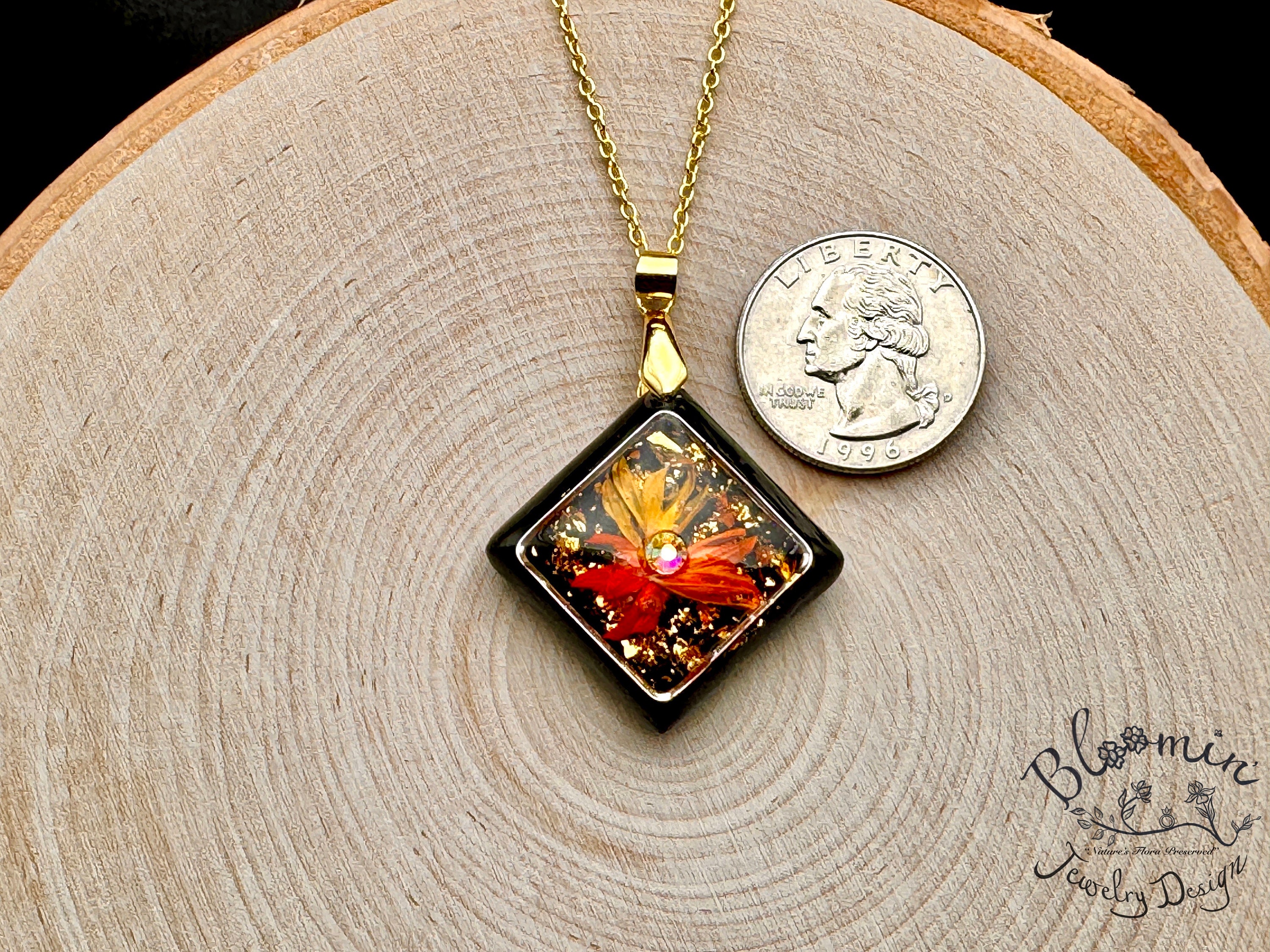 Real Flower Necklace: Unique Black Gold Pendant W/ Real Orange & Rust ...