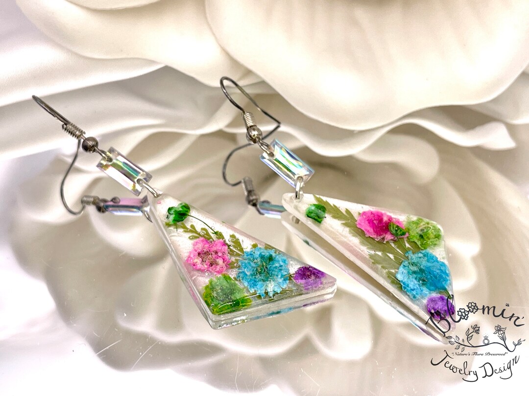 Real Flower & Fern, Pink and Blue Triangle Earrings W/ White Pearl ...