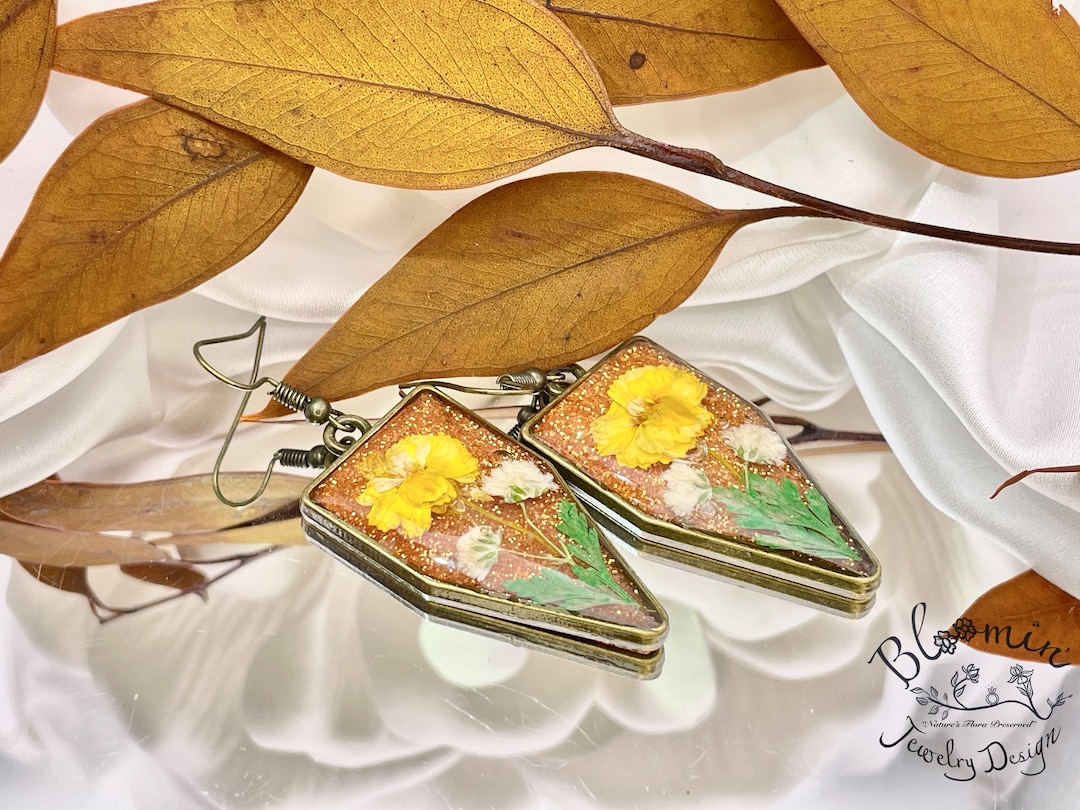 Real Flower Earrings: Yellow Rose on Glittering Copper Bronze Shimmer ...