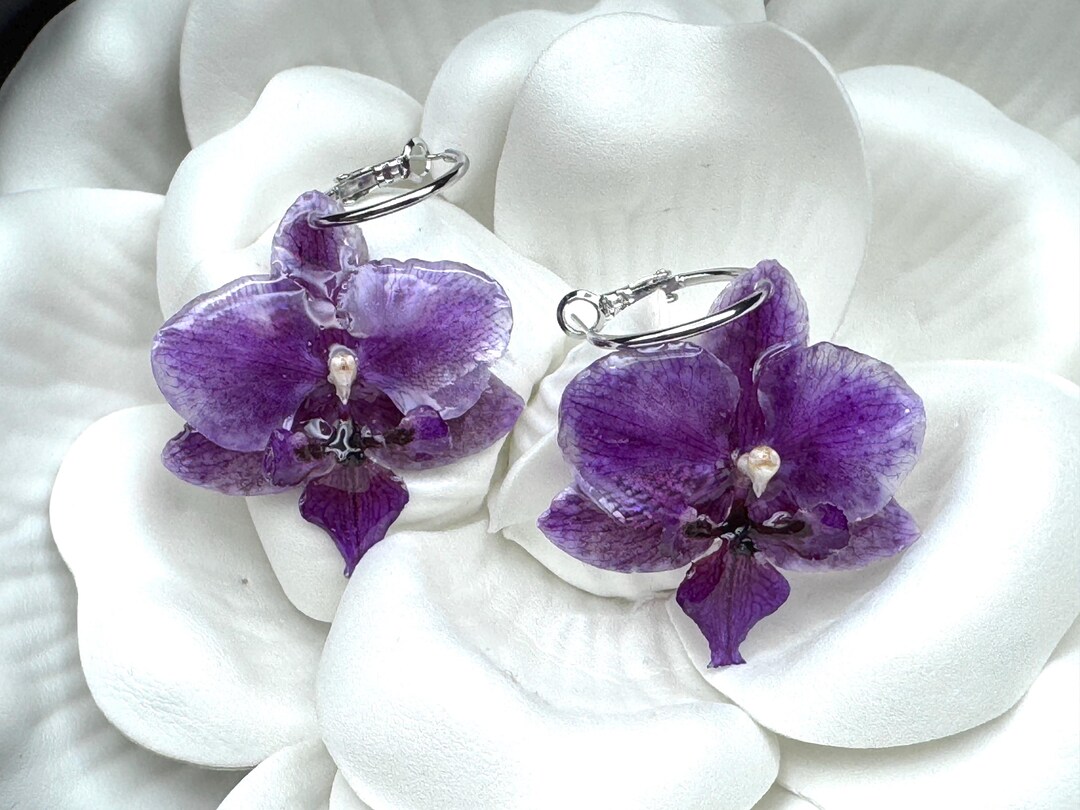 Rich Royal Purple REAL ORCHID Hoop Earrings, Stunning Deep Amethyst ...