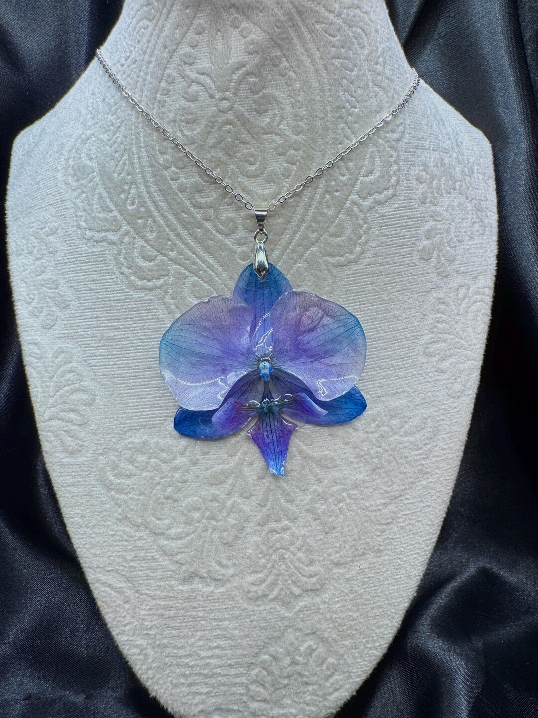 REAL ORCHID Necklace: Shades of Blue & Purples, Silver Chain, Orchid ...