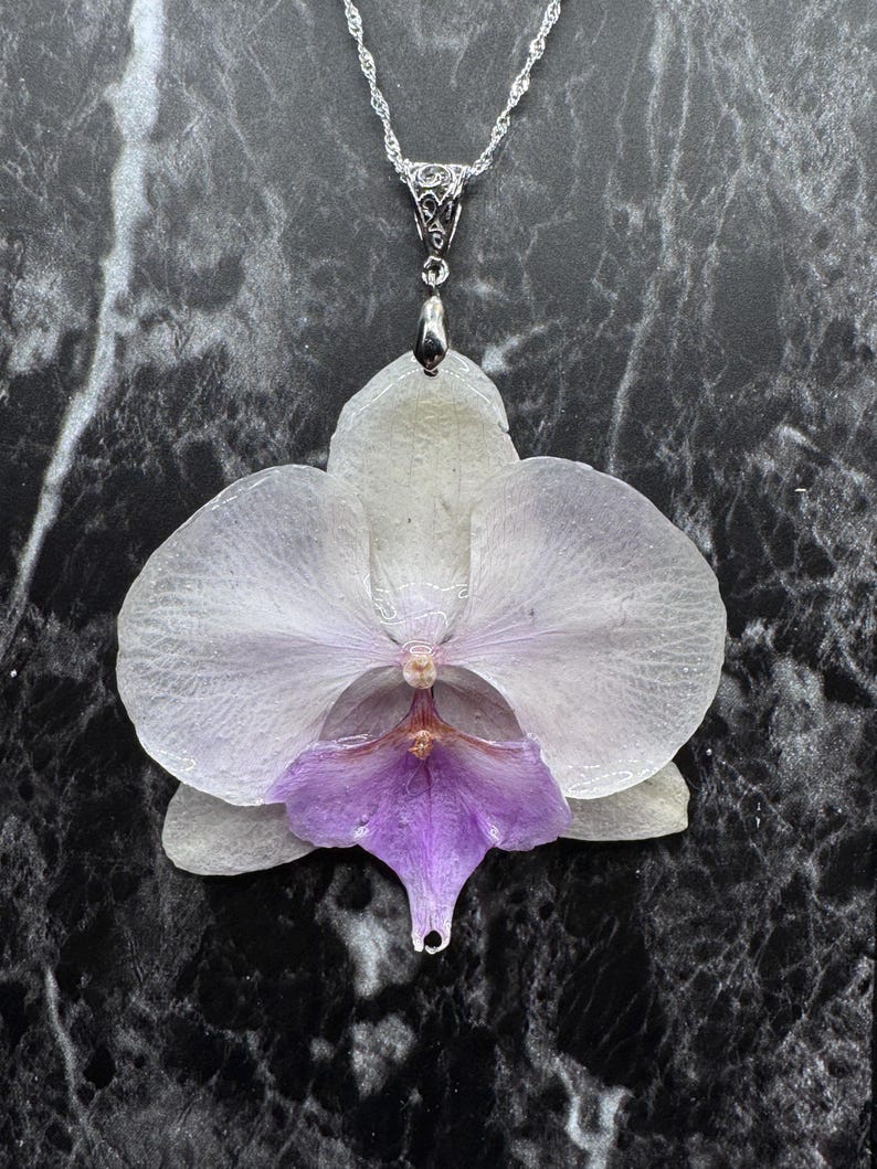 Real Orchid Necklace: White & Soft Lavender, Silver Chain, Floral ...