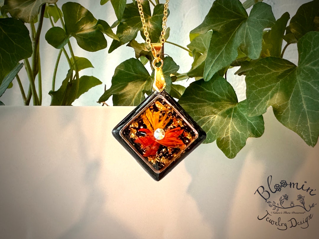 Real Flower Necklace: Unique Black Gold Pendant W/ Real Orange & Rust ...