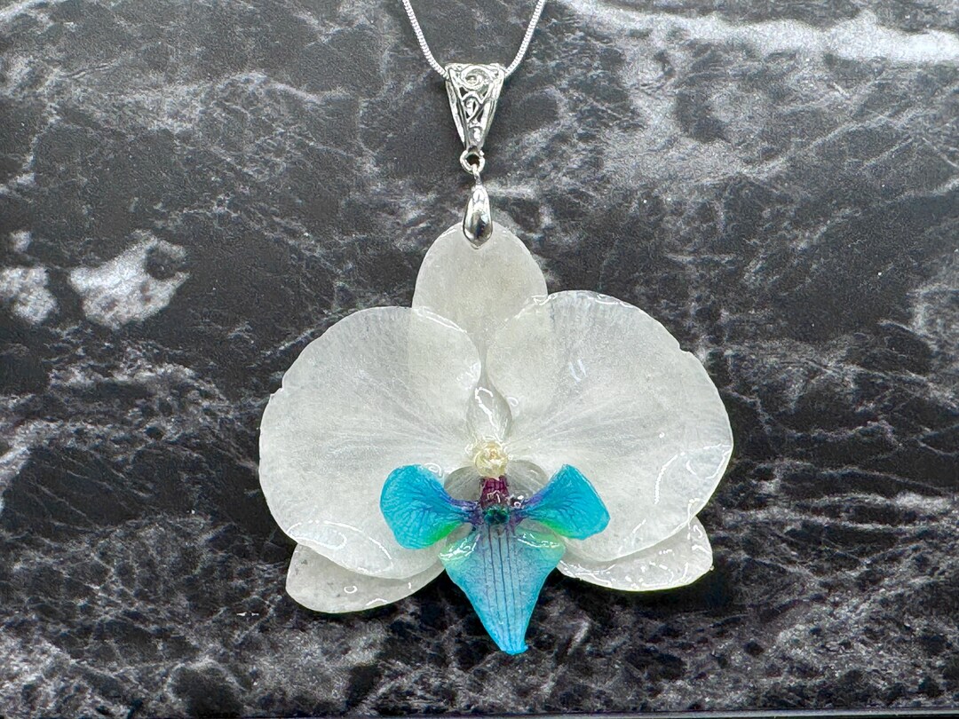 Orchid Necklace: Real Flower, Patina Blue, White Pearl Finish, Bridal ...